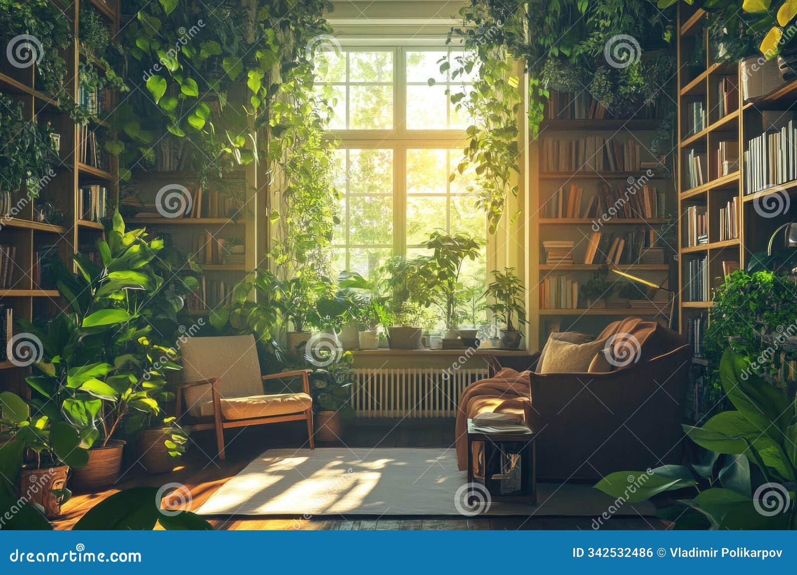 A Peaceful Space Filled with Books and Plants, Perfect for Reading or ...