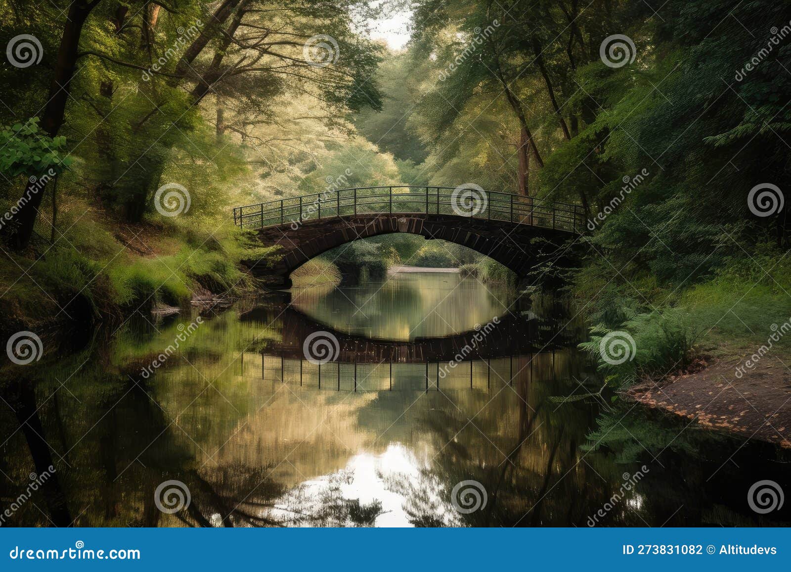 Peaceful Stream with Bridge and Reflection of Trees on the Water Stock ...