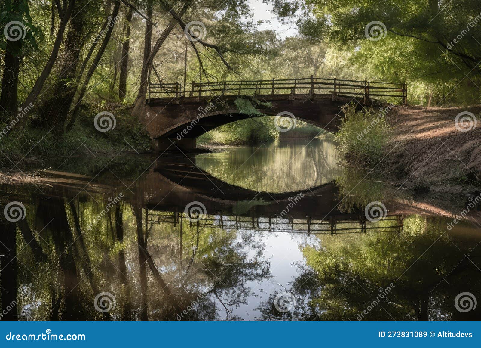 Peaceful Stream with Bridge and Reflection of Trees on the Water Stock ...