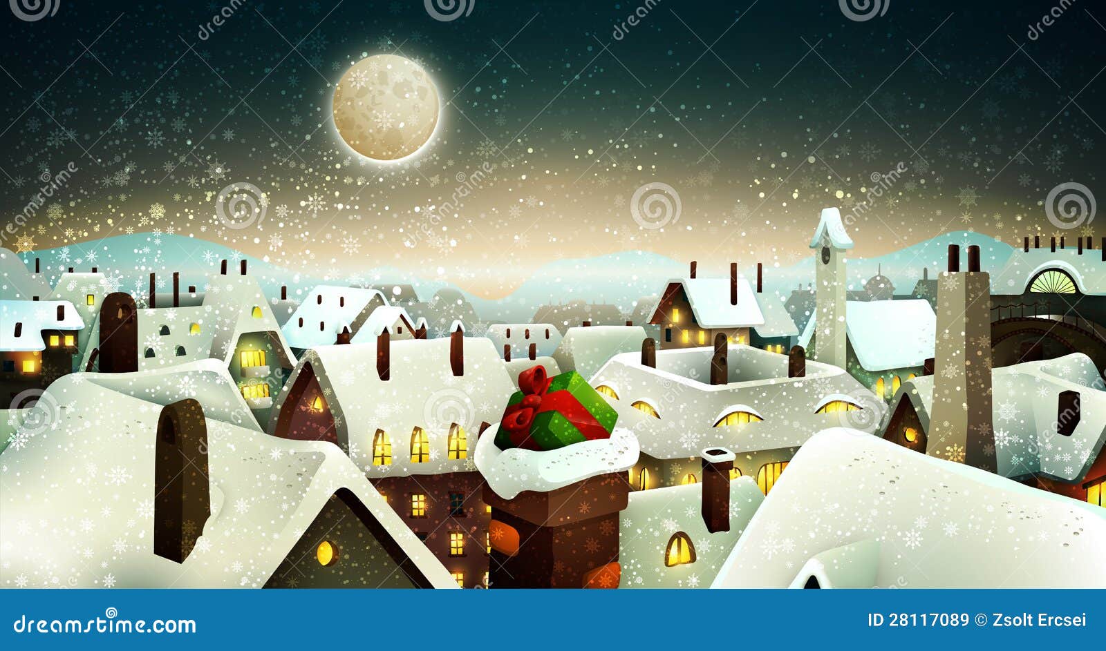 Peaceful Town Under Moonlight at Christmas Eve Stock Vector ...
