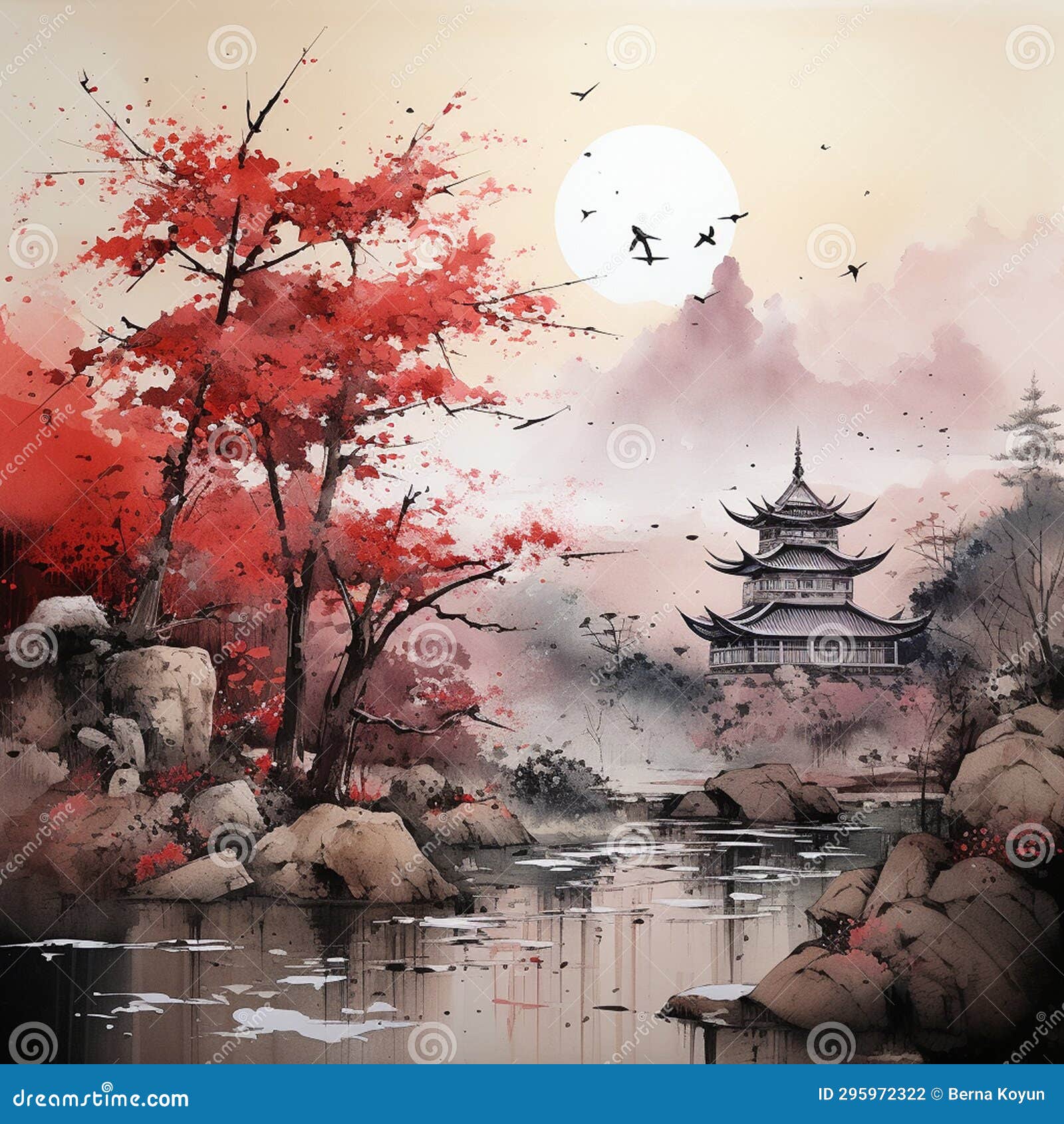 Peaceful Tree Sumi-e Ink Painting Stock Illustration - Illustration of ...