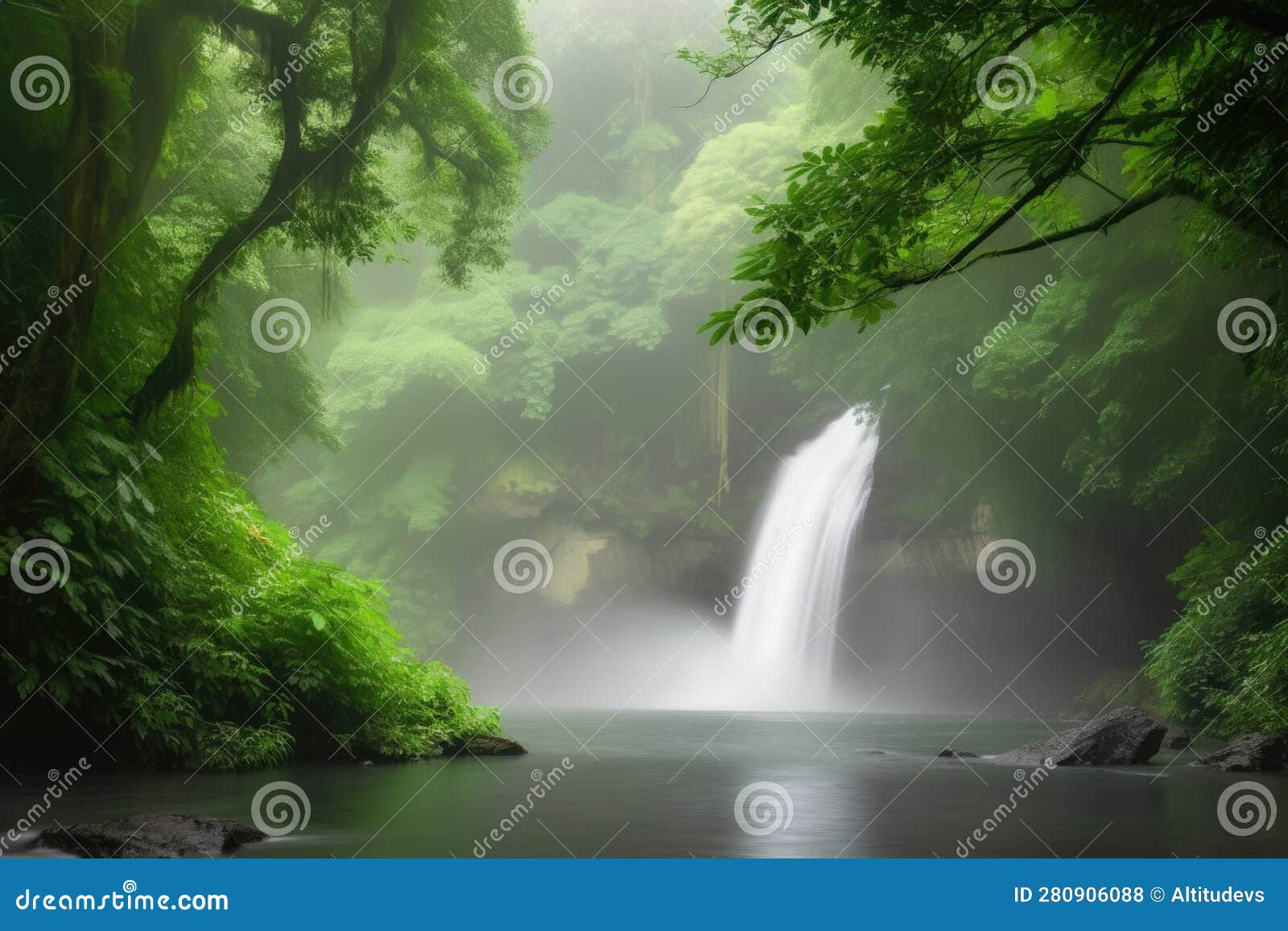 Peaceful Waterfall Surrounded by Lush Greenery and Mist Stock ...