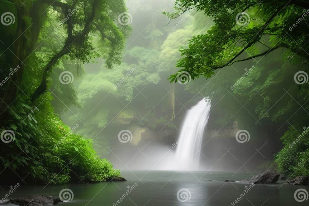 Peaceful Waterfall Surrounded by Lush Greenery and Mist Stock ...