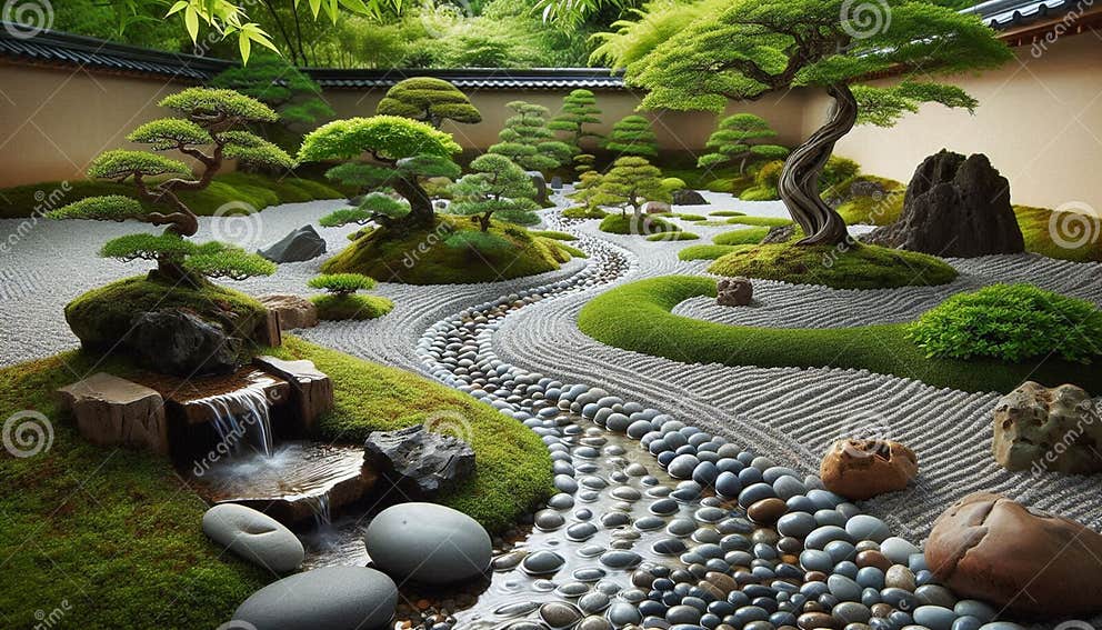A Peaceful Zen Garden with a Trickling Stream Stock Illustration ...