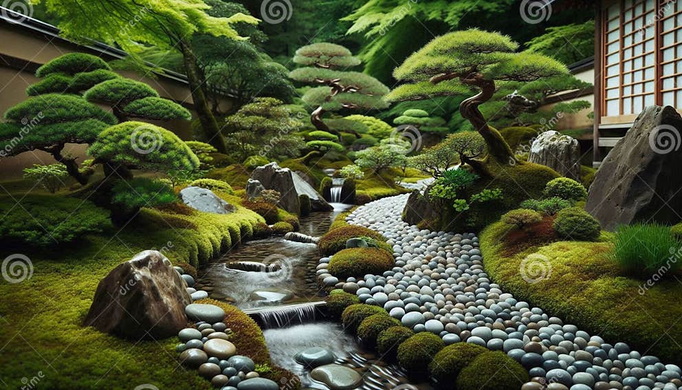 A Peaceful Zen Garden with a Trickling Stream Stock Illustration ...