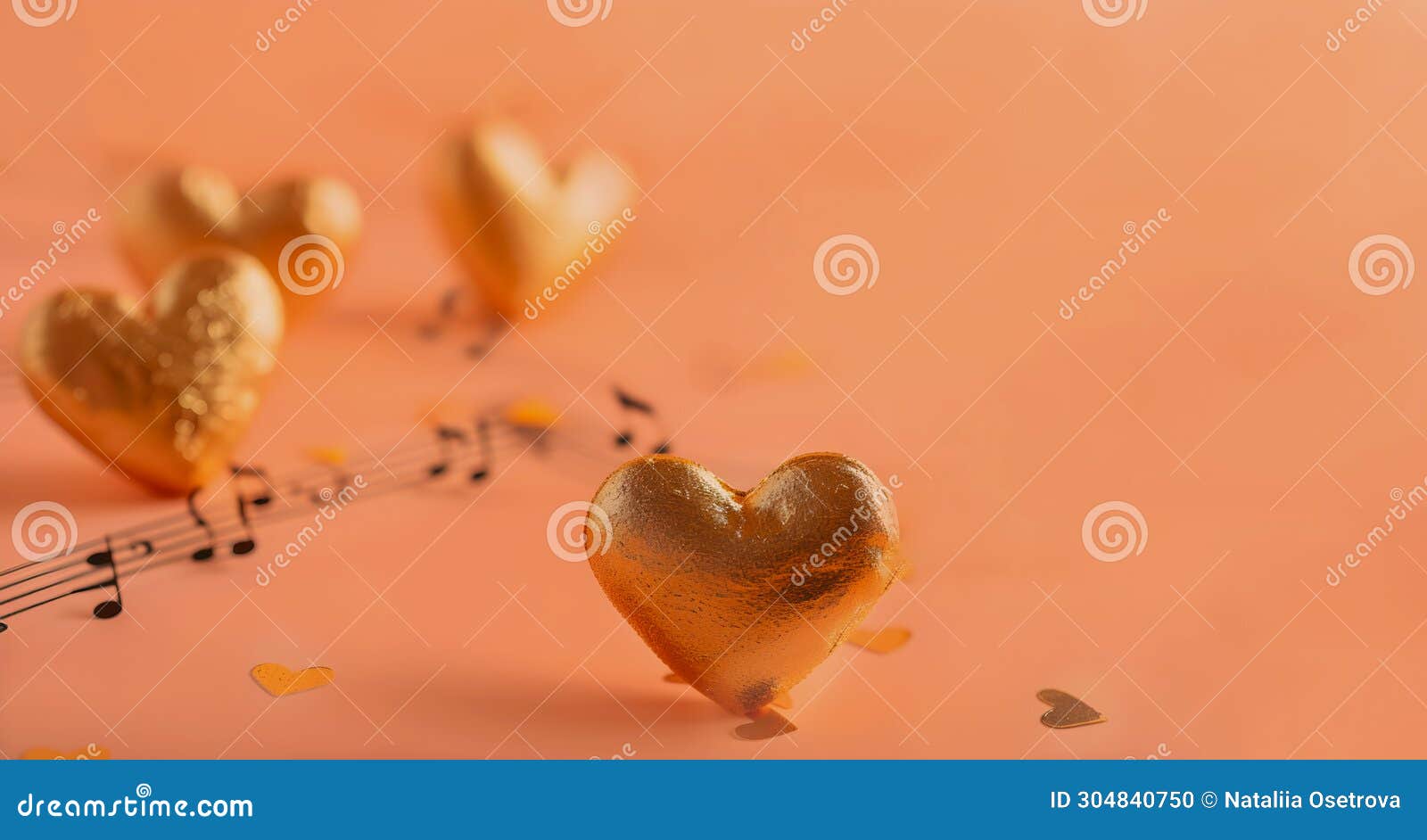 Peach Background with Golden Hearts and Musical Notes, Copy Space Stock ...