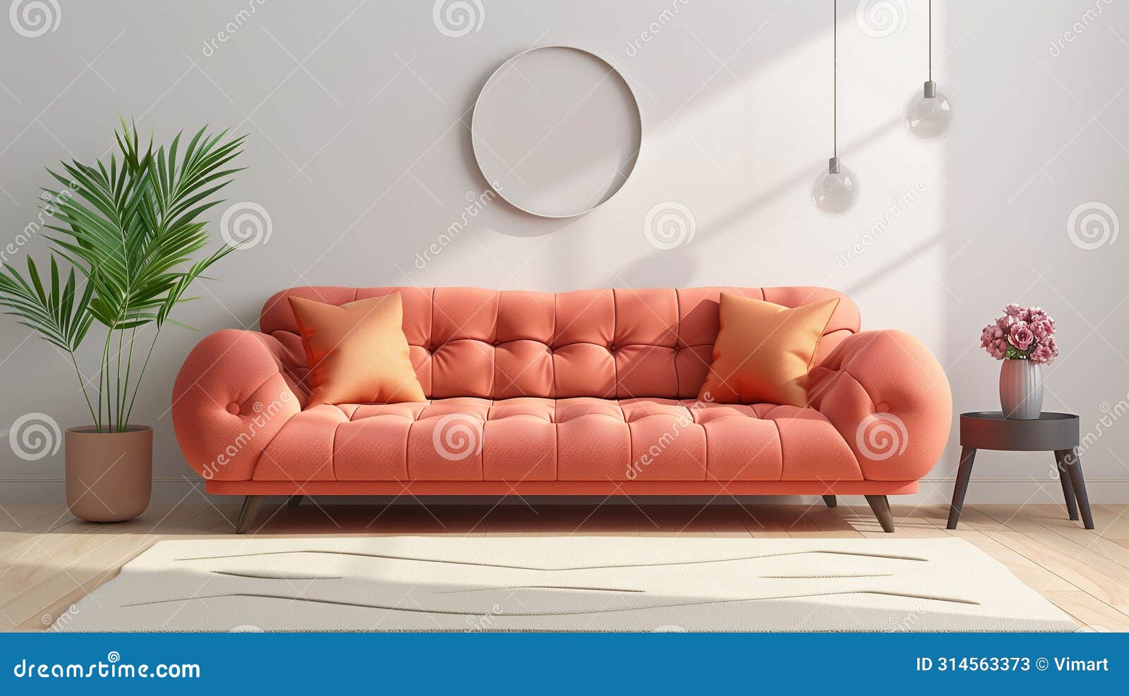 Peach Color Modern Sofa in Living Room with White Wall. Minimal Living ...