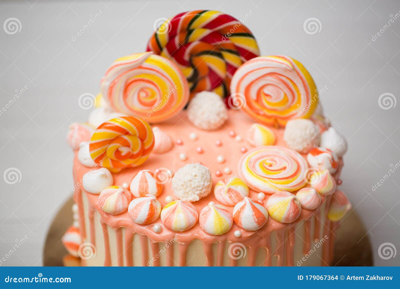 Peach Colored Cake with Meringue and Candy for a Child`s Birthday ...