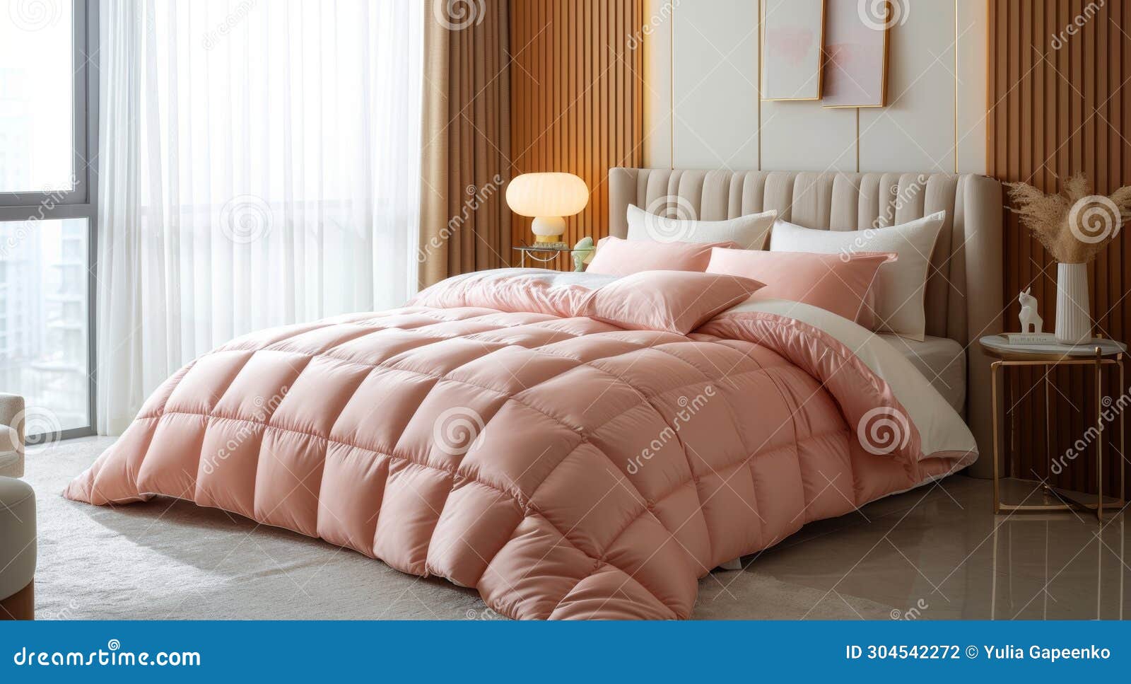 A Peach Comforter that is on a White Bed with a Tan Headboard Stock ...