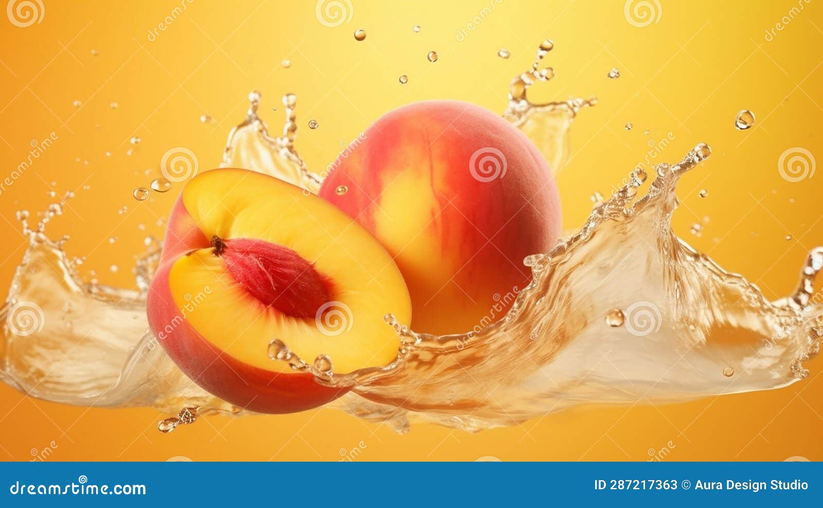 Peach Dropped on the Yellow Water Surface with Peach Slice and Water ...