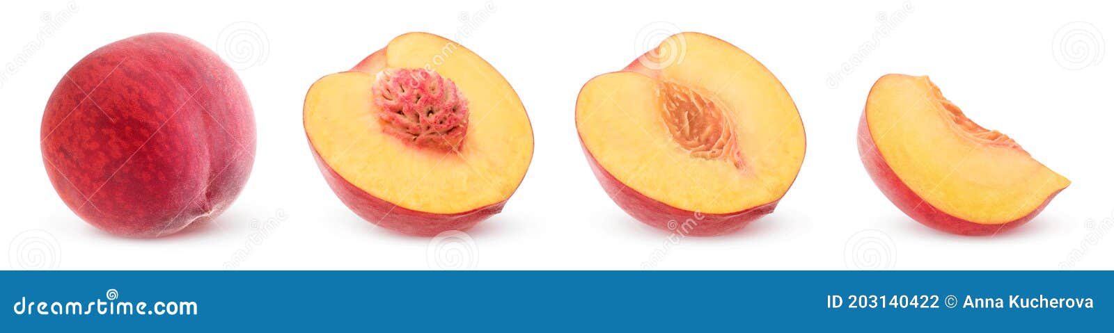 Peach Fruit Halves and Pieces in a Row Isolated on White Stock Photo ...