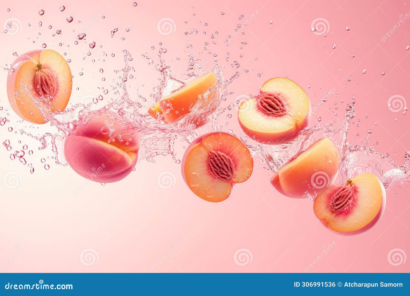 Peach Fruit Slice with Water Splash, Dynamic Composition of Flying ...
