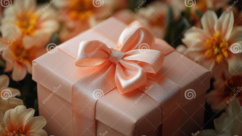 Peach Gift Box with a Satin Bow among Flowers Stock Illustration - Illustration of celebration ...