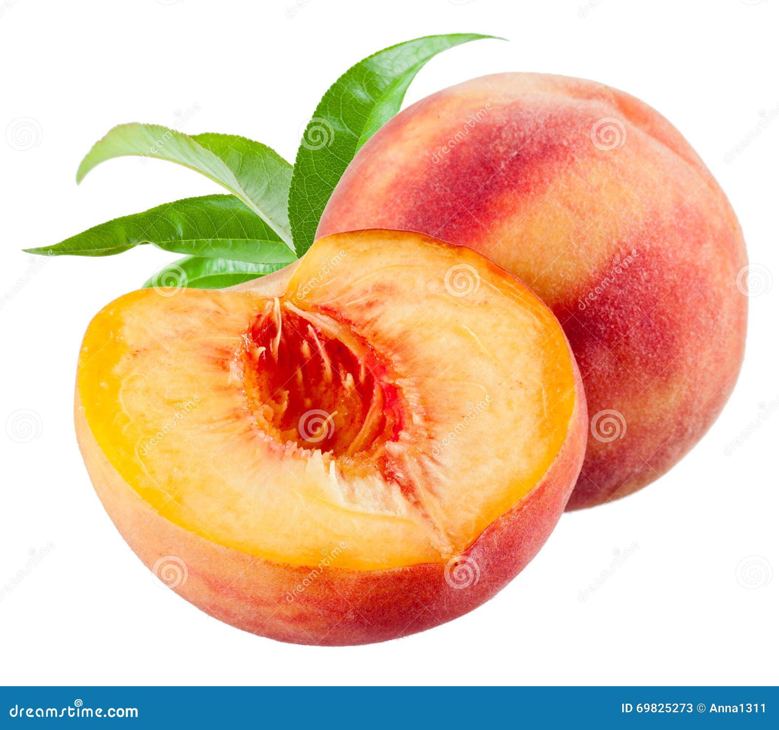 Peach and a Half with Leaves Isolated on White Stock Image - Image of ...