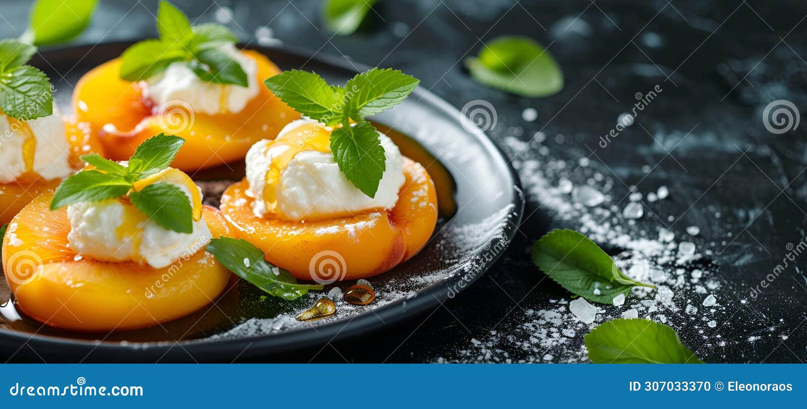 Peach Halves with Mascarpone and Mint, Elegant Plating on Dark Dish ...