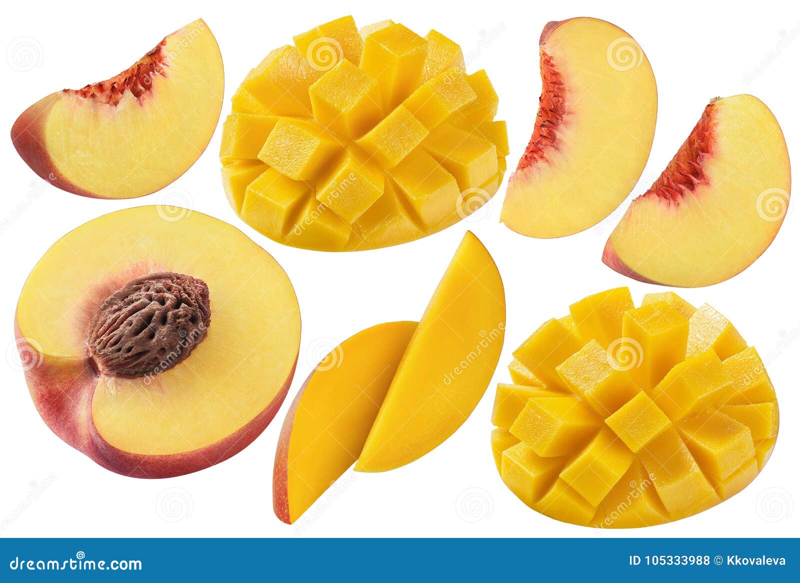 Peach Mango Long Slices Isolated On White Background Stock Photo ...