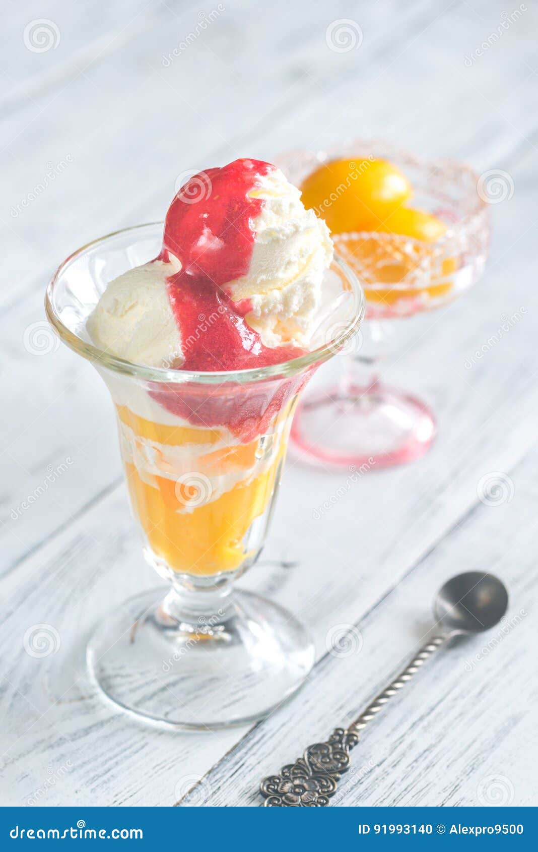 Peach Melba ice cream stock photo. Image of berry, frozen - 91993140