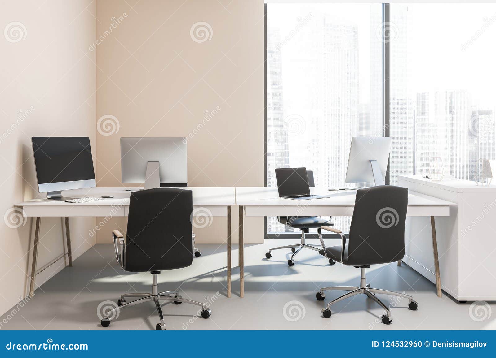 Peach Wall Office Interior, Computer Desks, Loft Stock Illustration ...