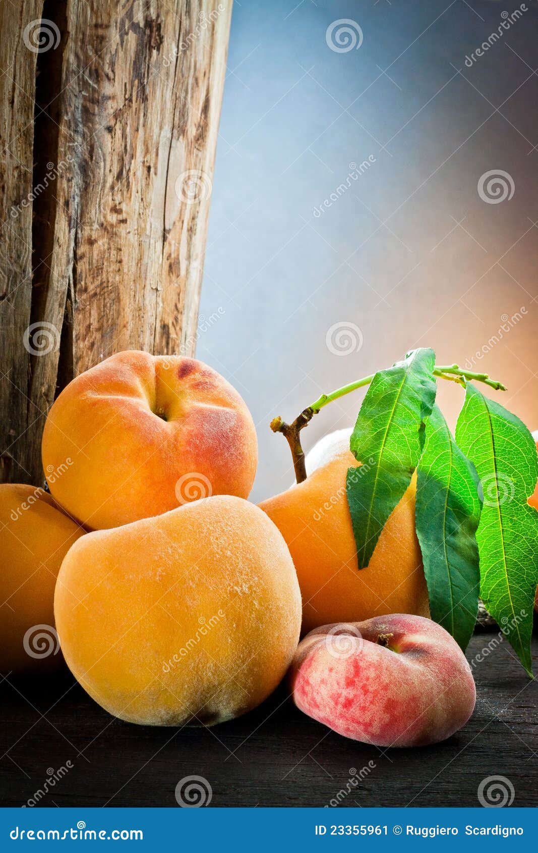 Peach on old wood stock image. Image of green, harvest - 23355961