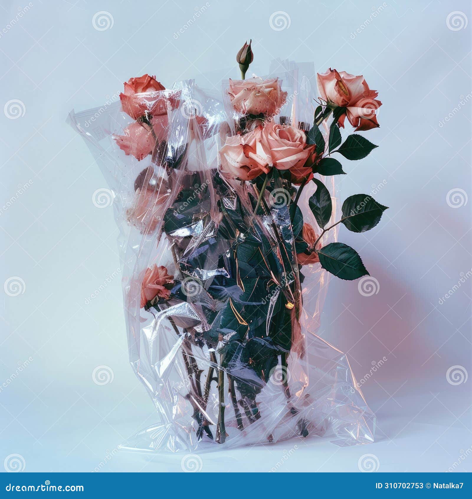 Peach Roses Aesthetically Arranged within a Clear Plastic Bag Stock ...