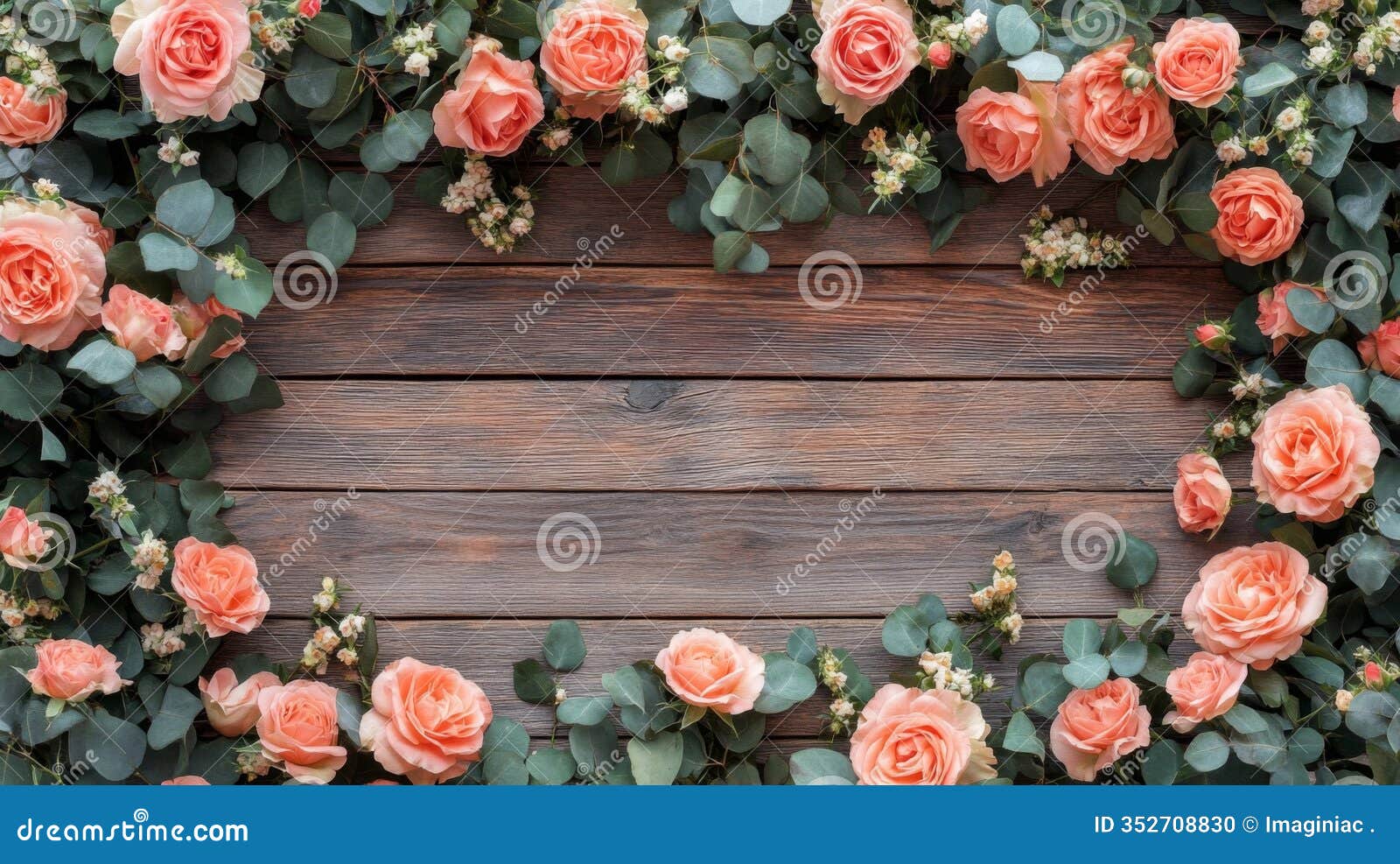 Peach Roses and Eucalyptus Frame Rustic Wood Background Stock ...