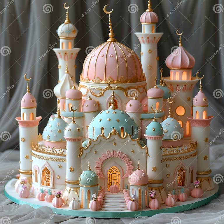 Artistic Pink and White Mosque Cake with Domes and Arches for Ramadan ...