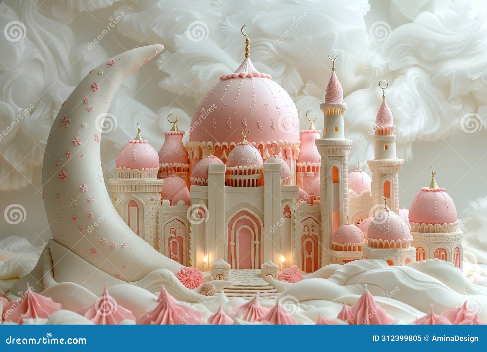 Artistic Pink and White Mosque Cake with Domes and Arches for Ramadan ...