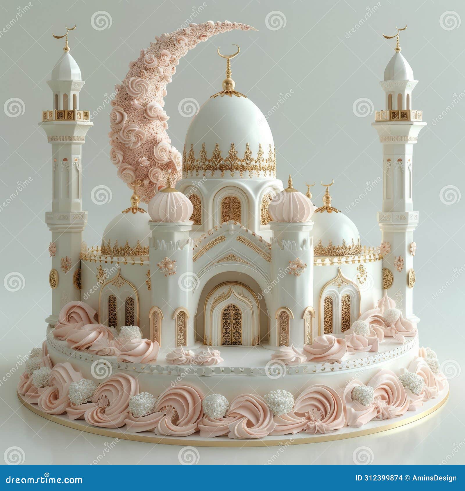 Artistic Pink and White Mosque Cake with Domes and Arches for Ramadan ...