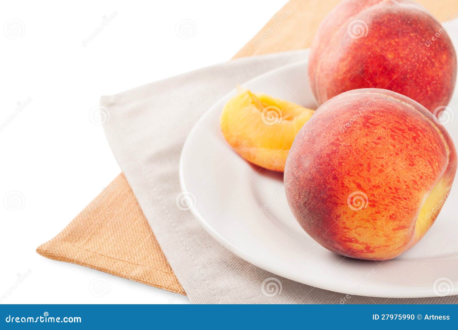 Peach on a white plate stock photo. Image of serviette - 27975990