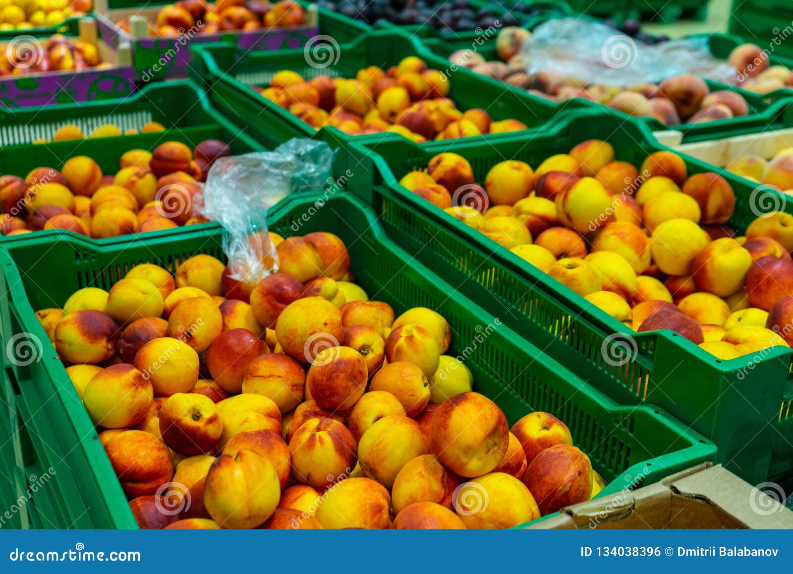Peaches Packed Boxes Lying on the Counter of the Supermarket Stock ...