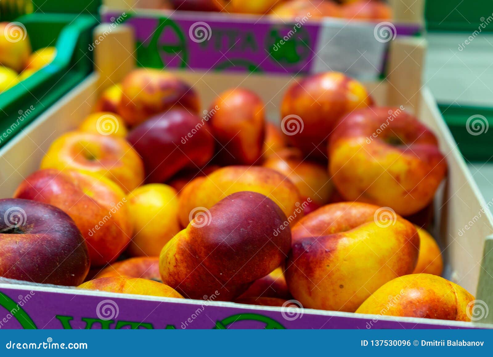 Peaches Packed Boxes Lying on the Counter of the Supermarket Stock ...
