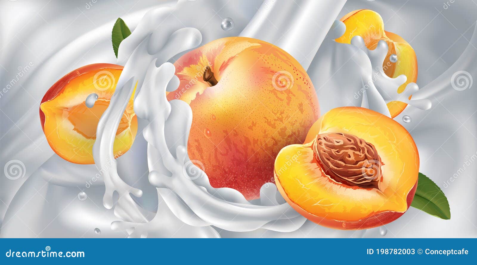 Peaches in a Stream of Milk or Yogurt. Stock Vector - Illustration of ...