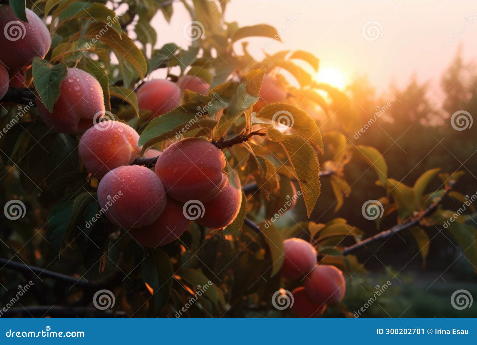 Peaches on tree at sunset stock image. Image of summer - 300202701