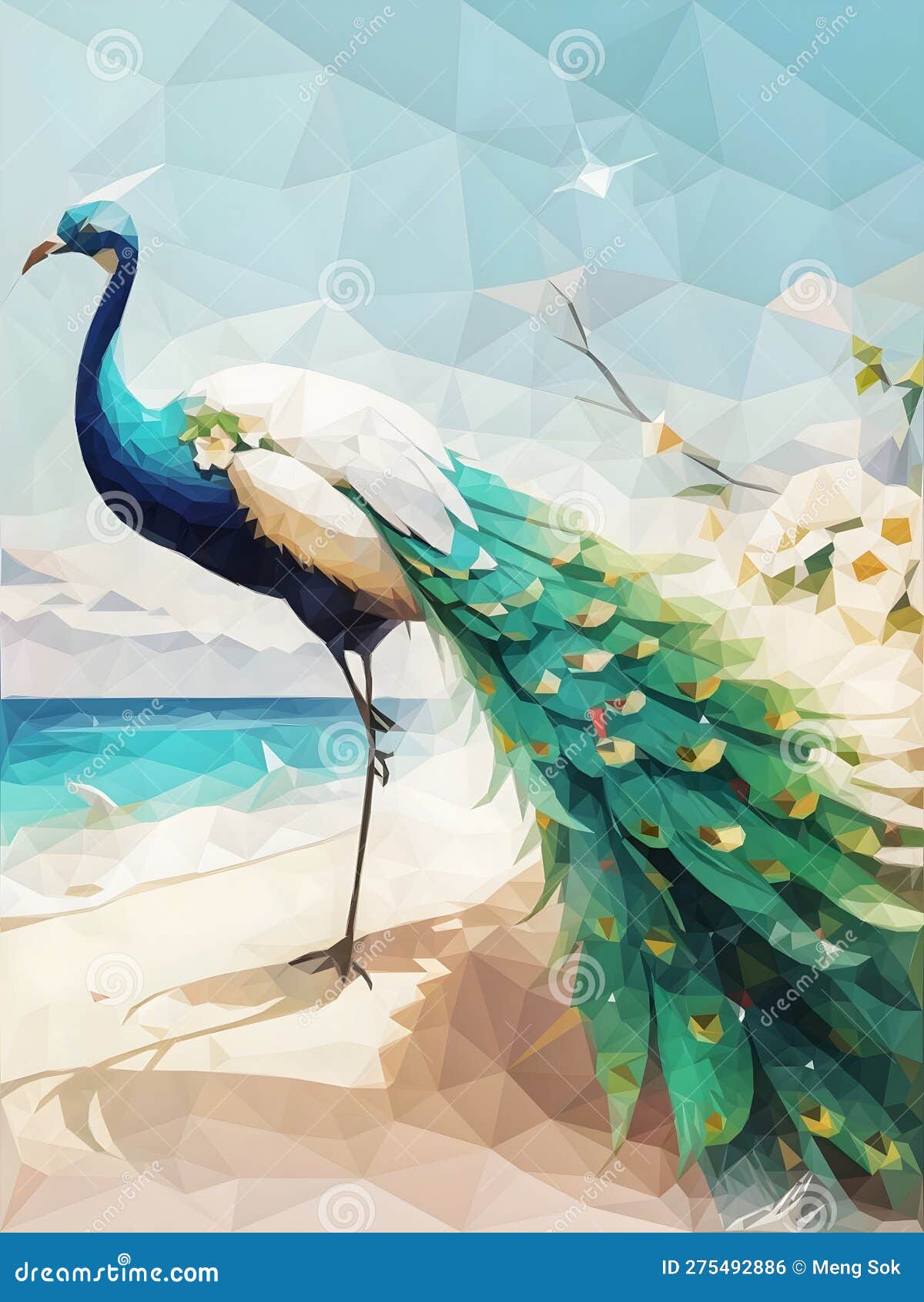A Peacock on the Beach with a Blue Sky Background. Stock Illustration ...