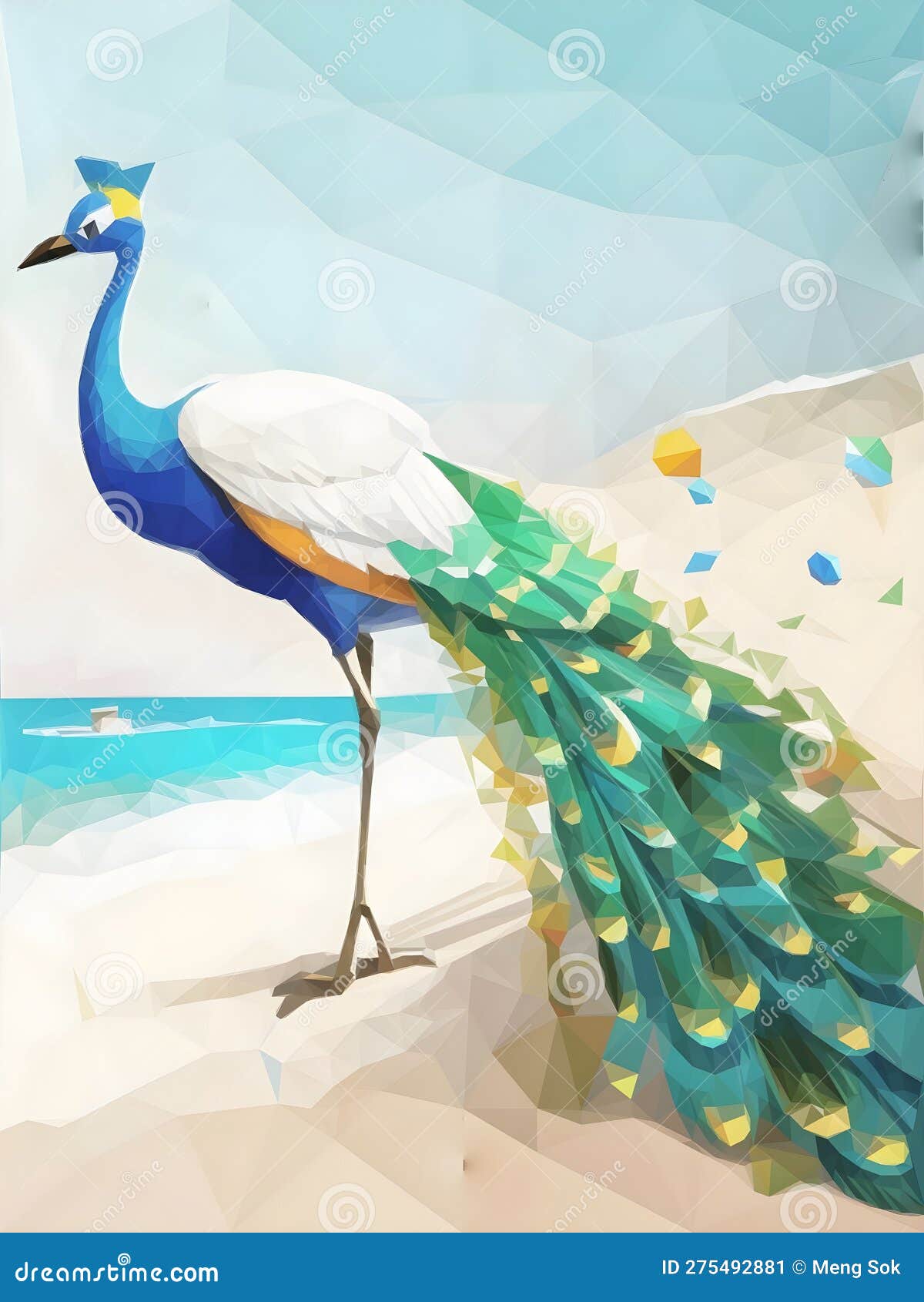 A Peacock on the Beach with a Blue Sky Background. Stock Illustration ...