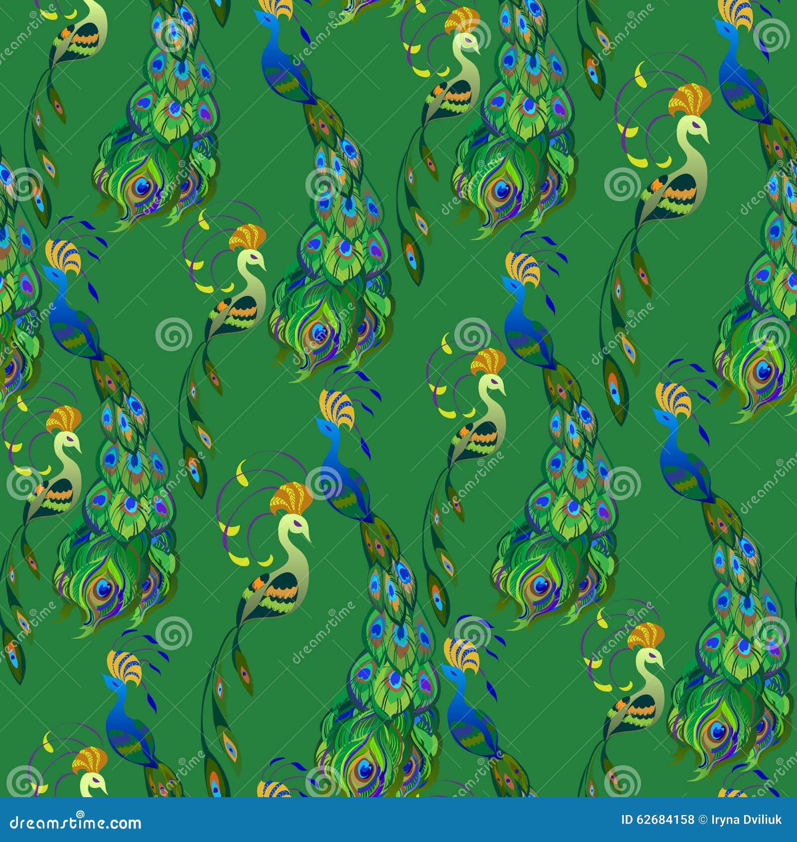 Peacock Birds. Beautiful Green Seamless Pattern Background. Vector ...