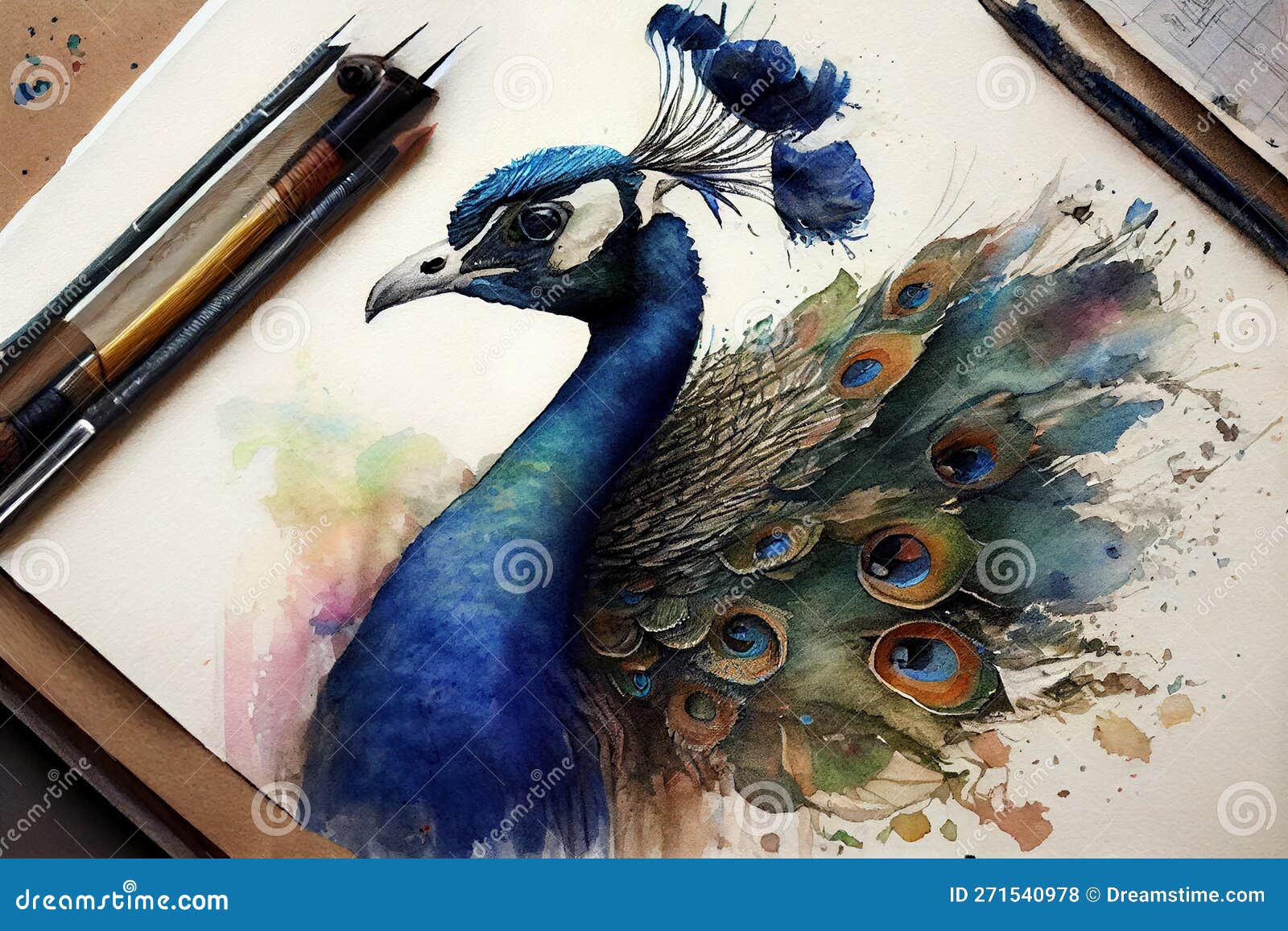 Peacock Drawing with Bit of Watercolour Stock Illustration ...