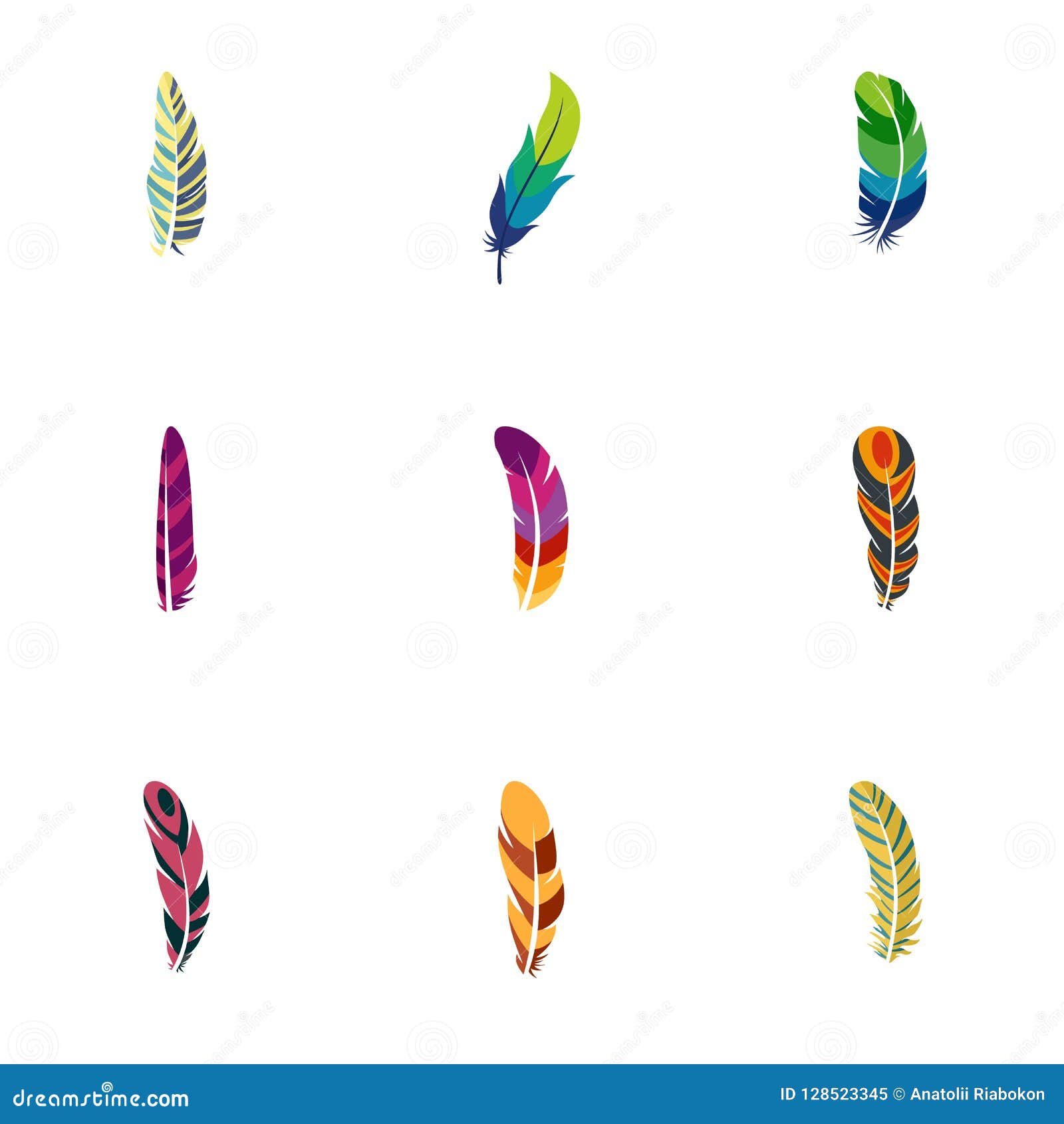 Peacock Feather Icon Set, Flat Style Stock Vector - Illustration of ...