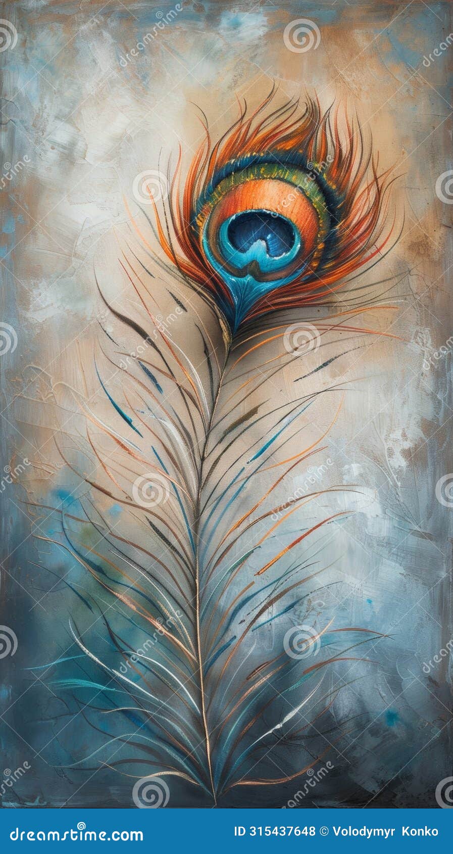 Peacock Feather Painting on Blue Background Stock Photo - Image of ...