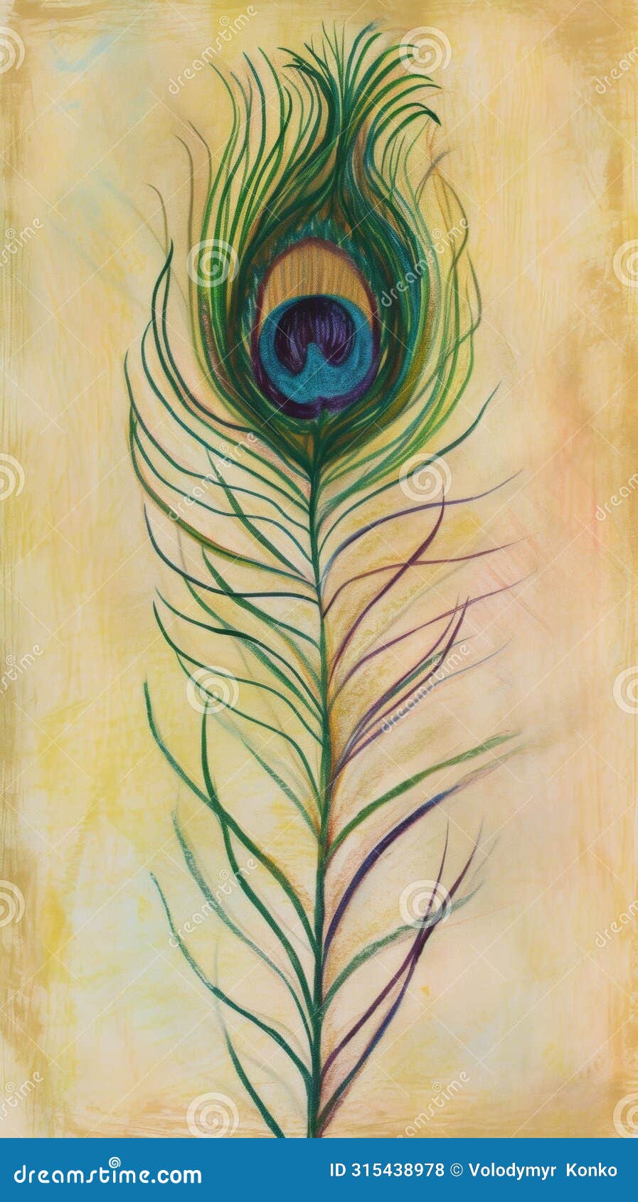 Peacock Feather Painting on Yellow Background Stock Photo - Image of ...