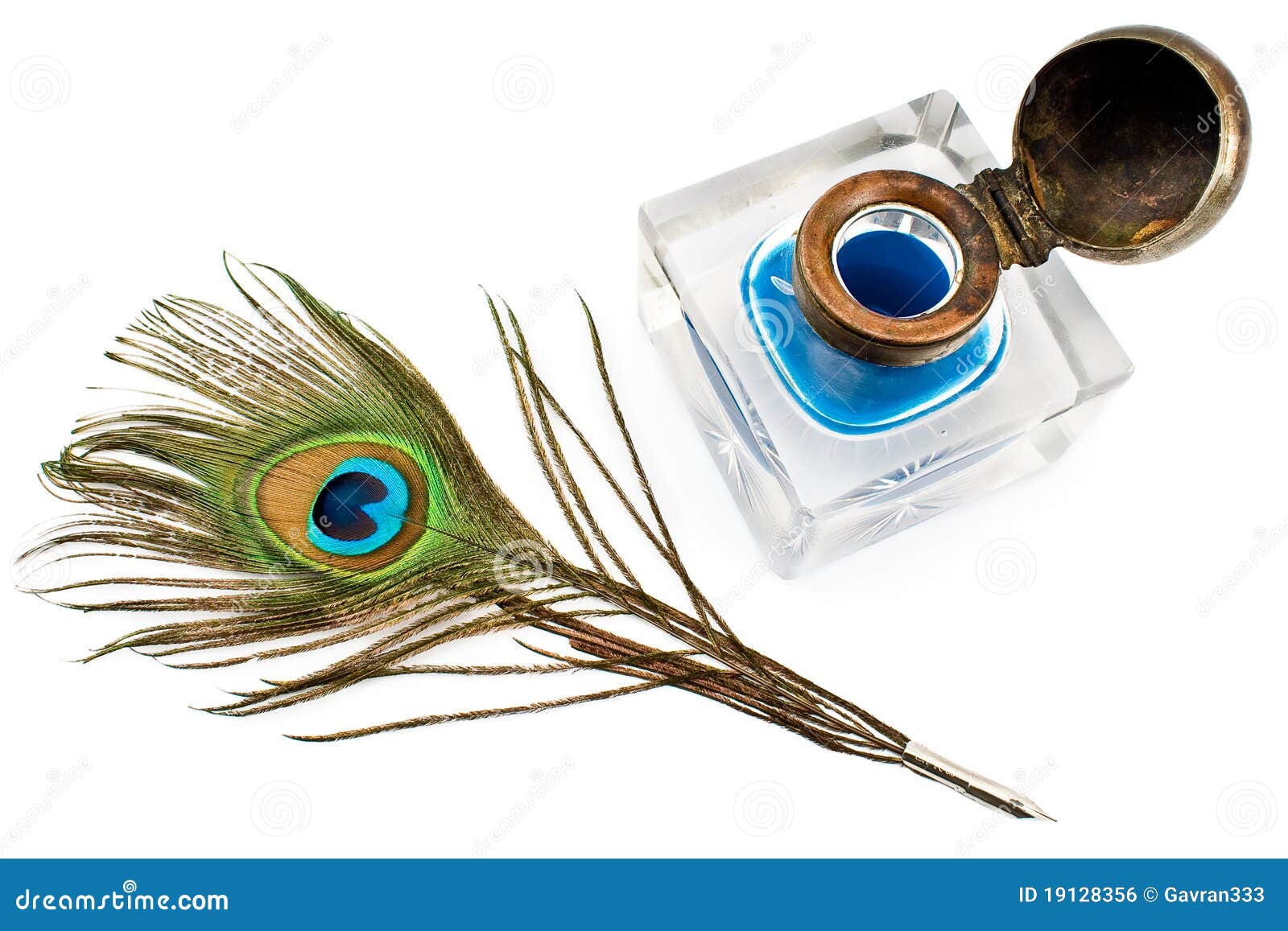 Peacock Feather Quill and Inkwell Stock Photo - Image of glass ...