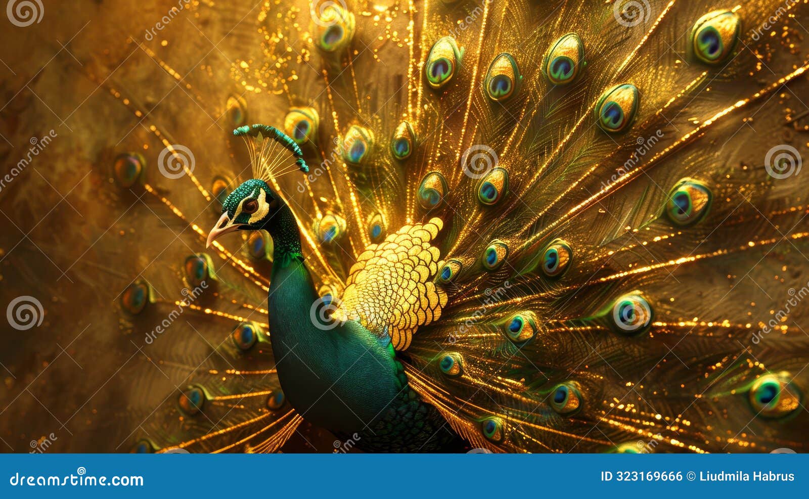 A Peacock with Gold and Blue Feathers is Standing on a Brown Surface ...