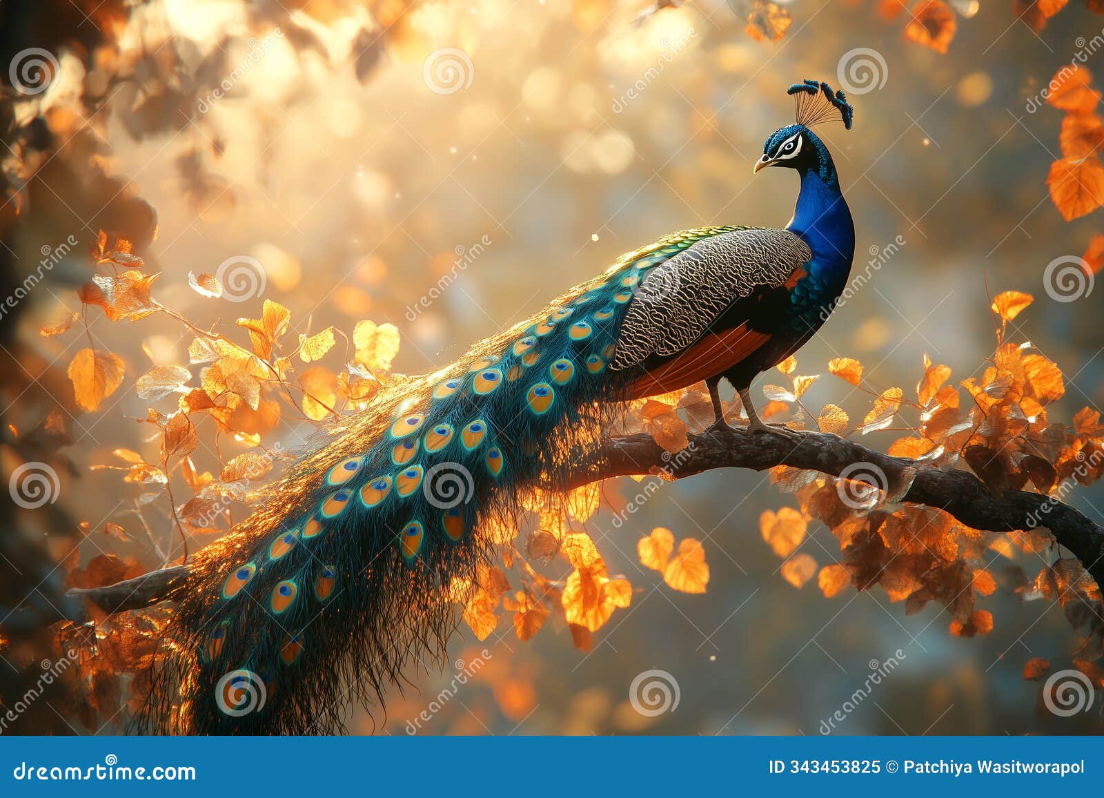 Peacock Perched on a Branch Show Off Its Beautiful Tail Stock ...