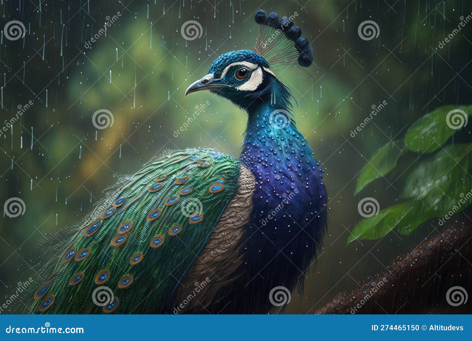 Peacock in the Rain, Feathers Shimmering Stock Illustration ...
