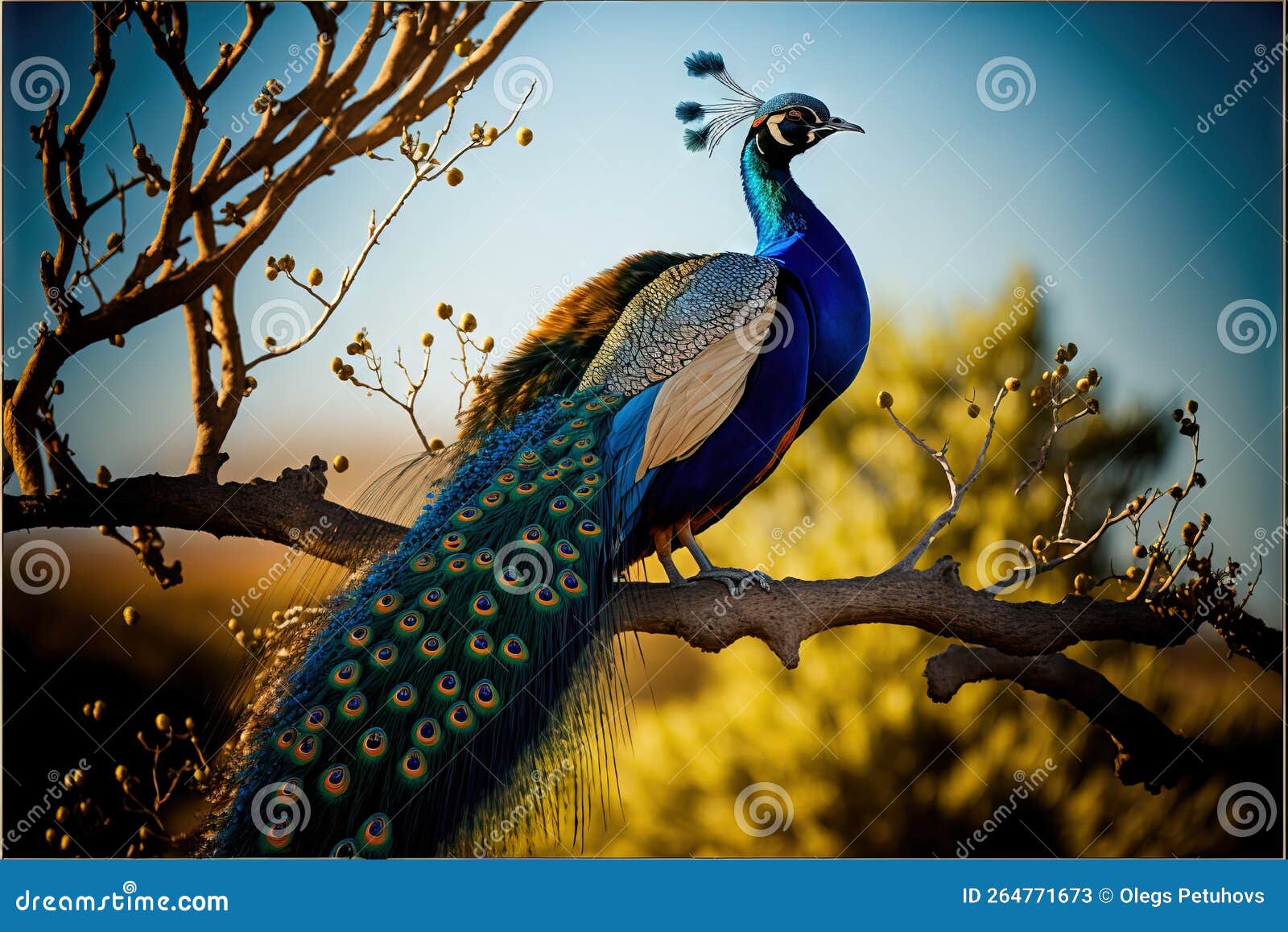 A Peacock Sitting on a Tree Branch with Its Tail Spread Out and Its ...