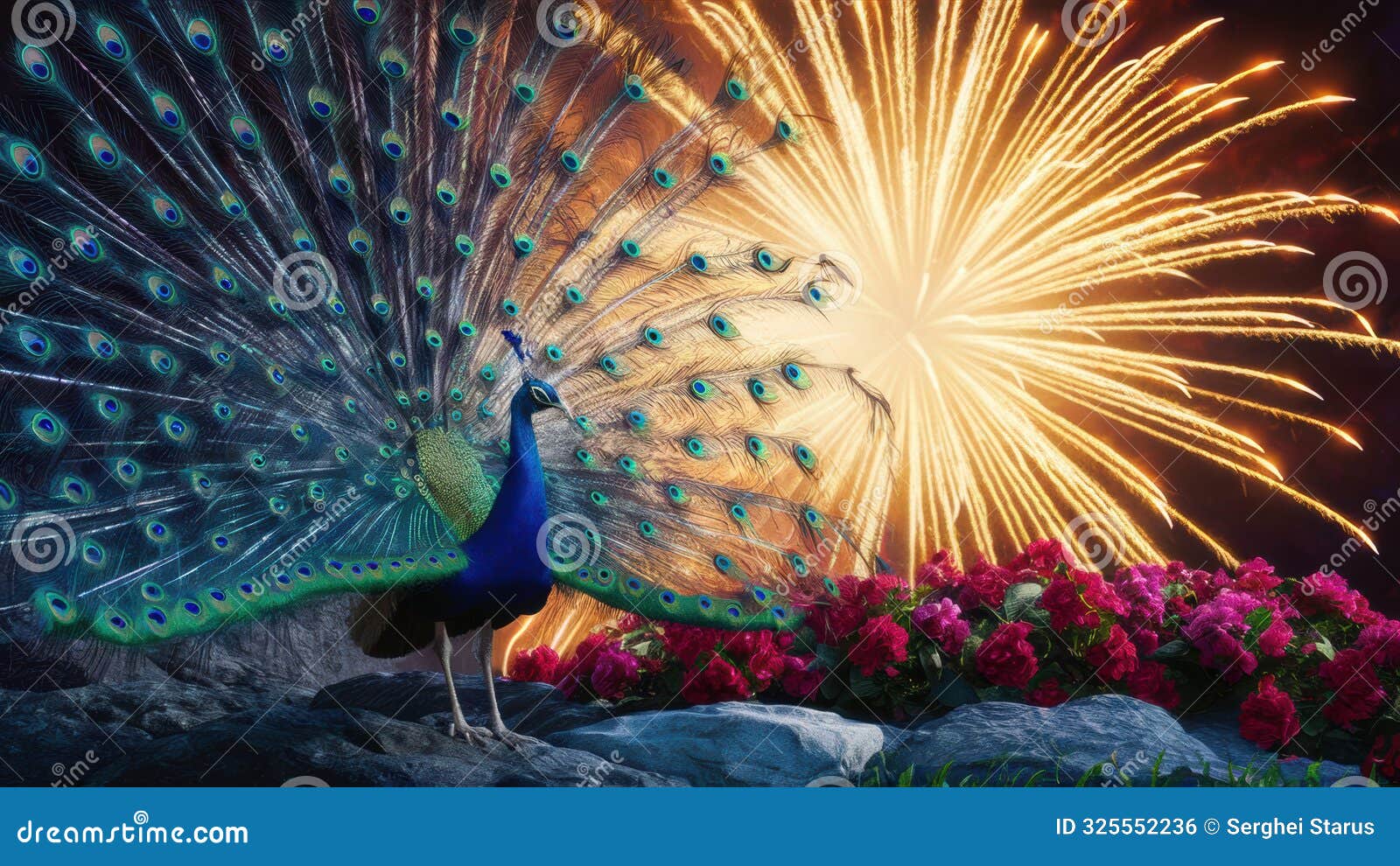 A Peacock is Standing on a Rock with Fireworks in the Background, AI ...