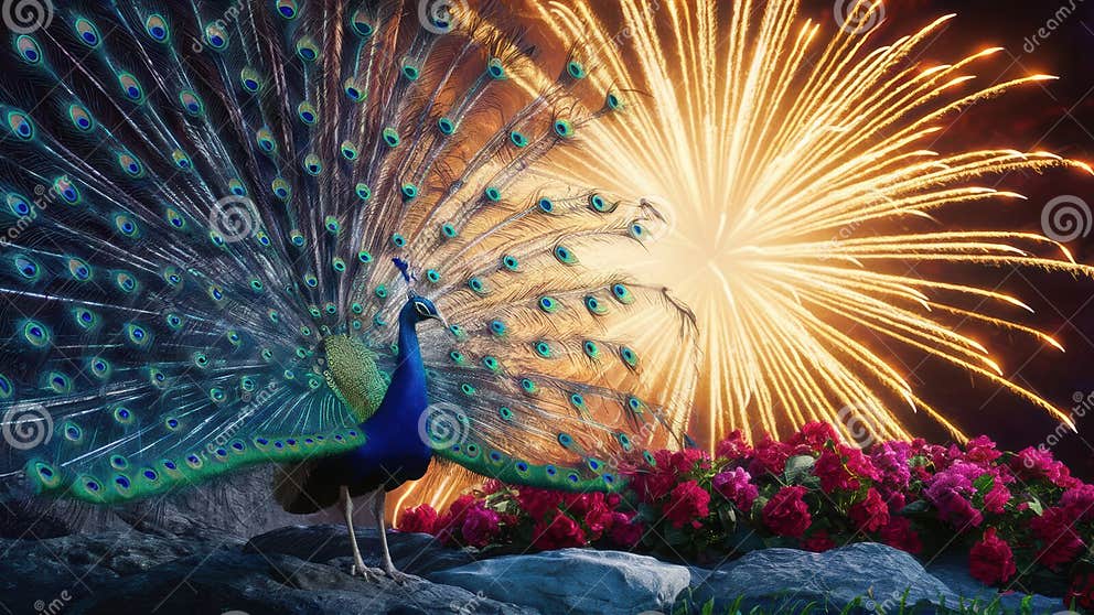 A Peacock is Standing on a Rock with Fireworks in the Background, AI ...