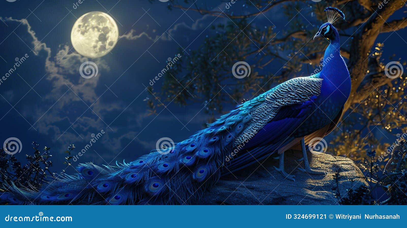 Peacock Under the Moonlight Stock Illustration - Illustration of light ...