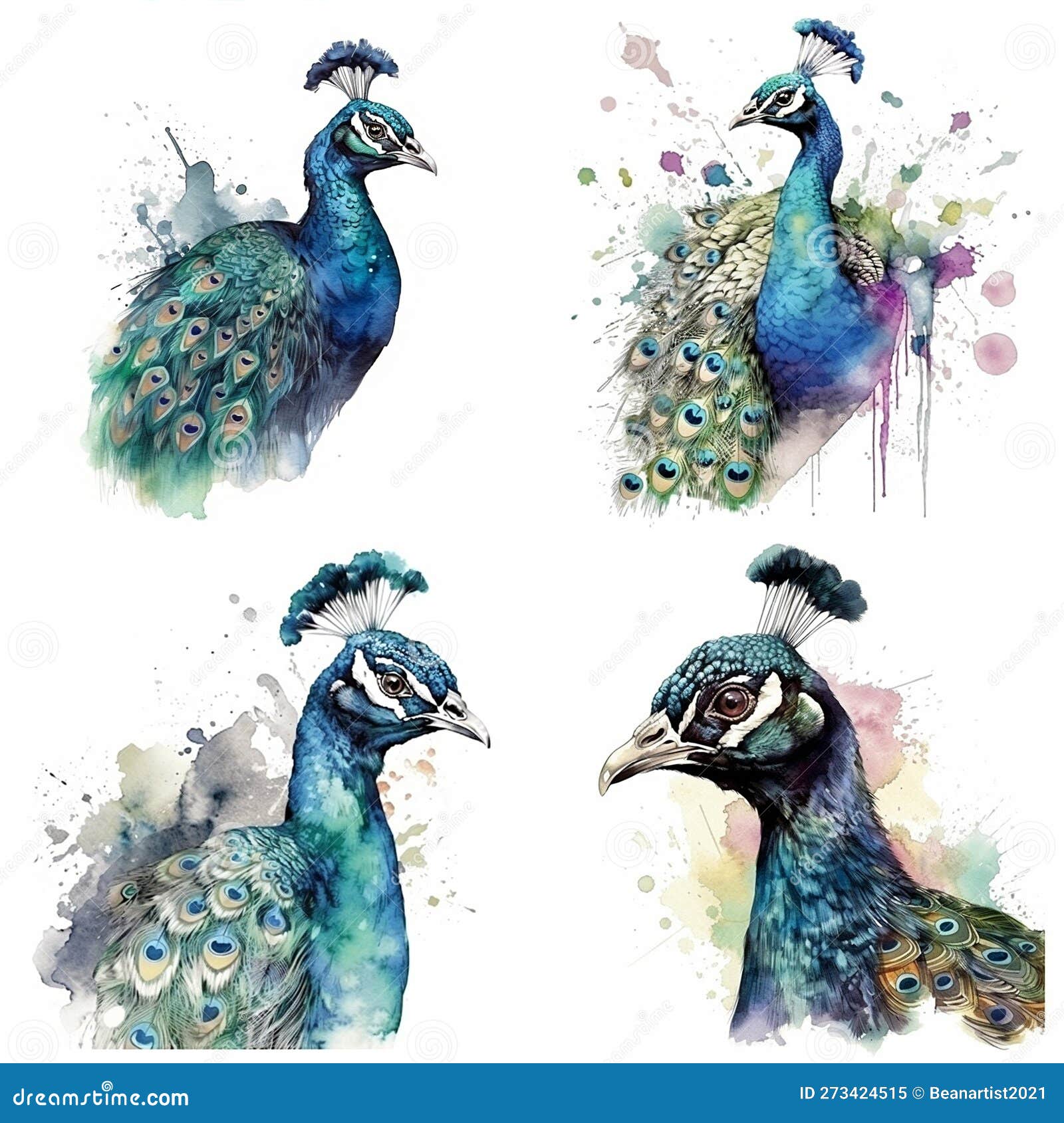 Peacock Watercolor Illustration Set Stock Illustration Illustration