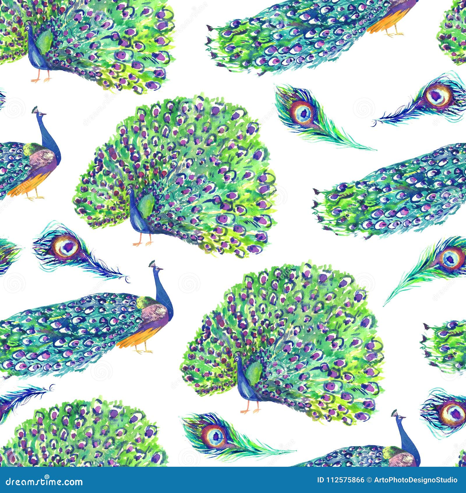 Peacocks Standing with Closed and Opened Tail, Feathers, Seamless ...